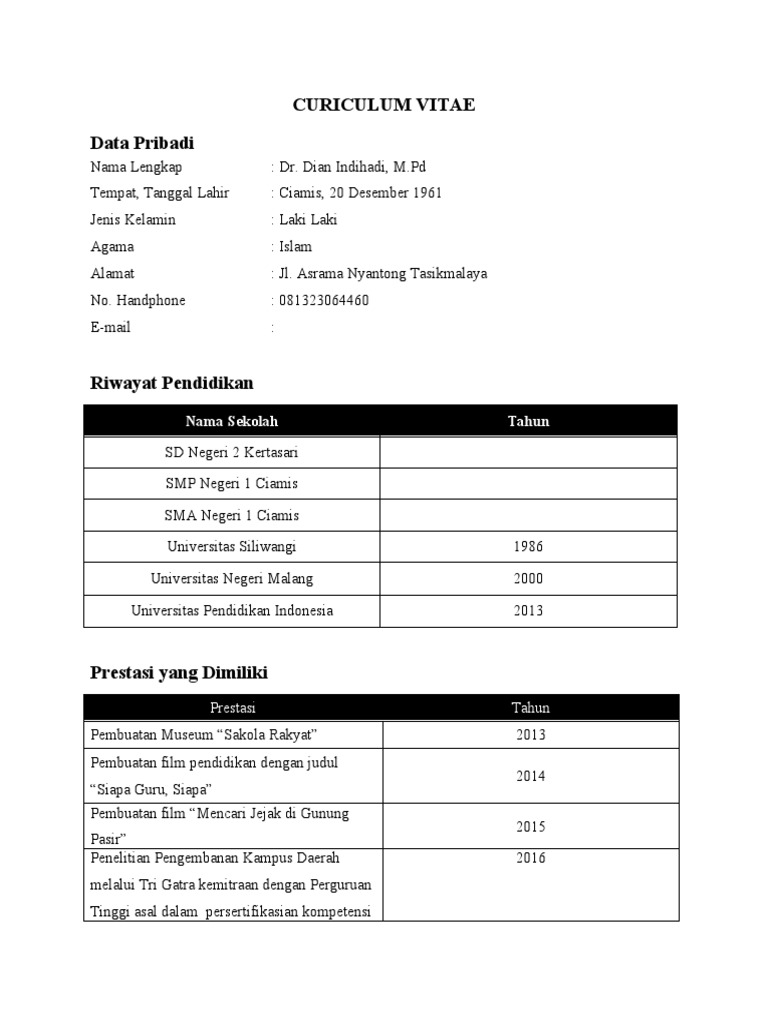 Curiculum Vitae Pemateri | PDF