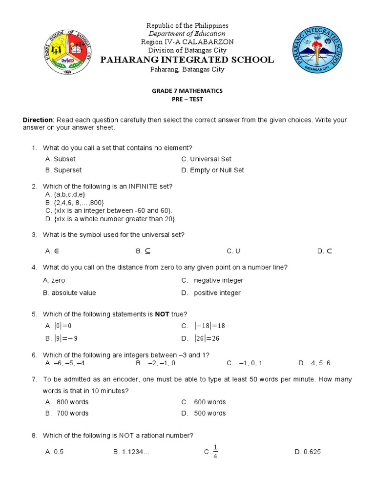 Grade 7 Math Pre-Test Review | PDF | Triangle | Rectangle