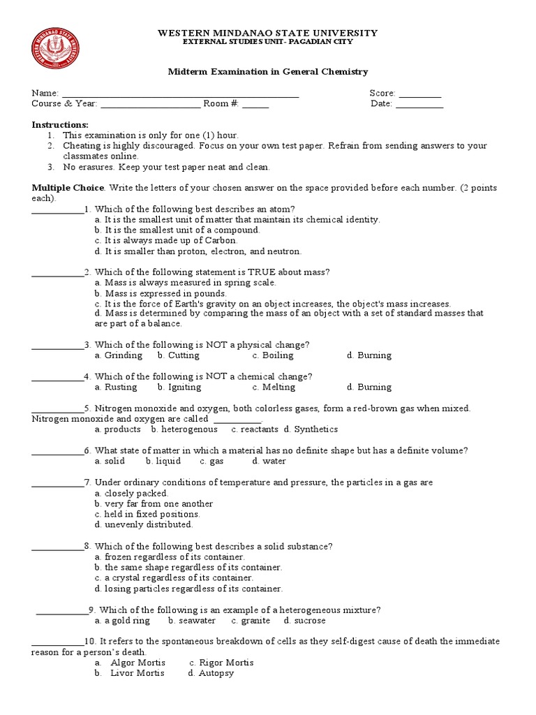 Official Gen Chem MidTerm Exam Set A | PDF | Decomposition | Density