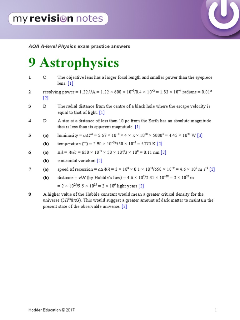 9 Astrophysics: AQA A-Level Physics Exam Practice Answers | PDF ...
