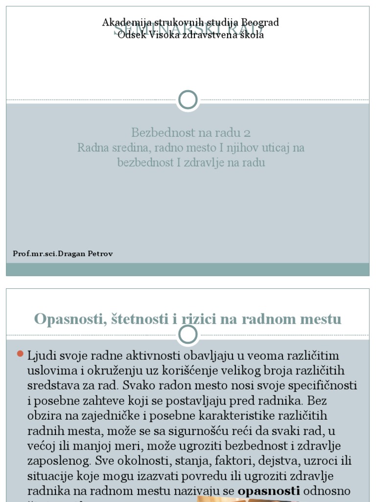 Radna Sredina, Radno Mesto I Njihov Uticaj Na Bezbednost I Zdravlje Na ...