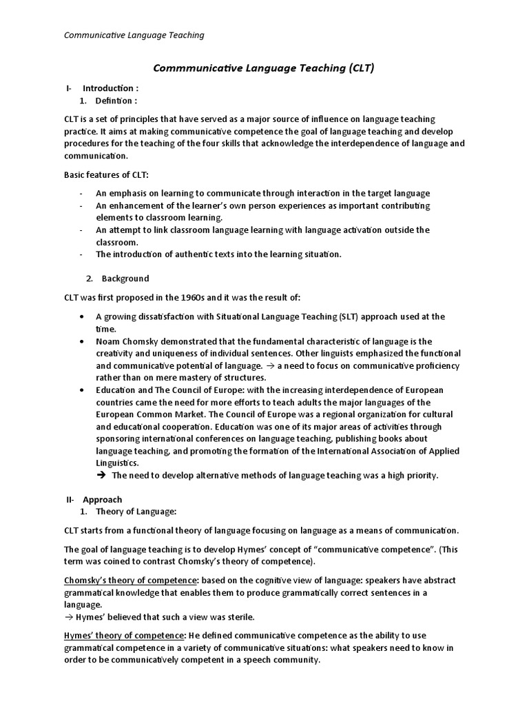 Commmunicative Language Teaching (CLT) : I-Introduction | PDF ...