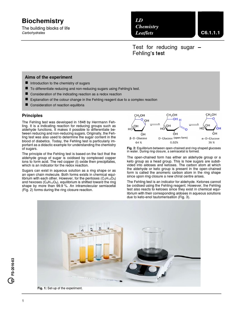 Biochemistry: Test For Reducing Sugar - Fehling 'S Test | PDF | Redox ...