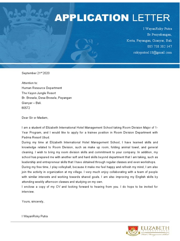 Room Division Trainee Application Letter | PDF