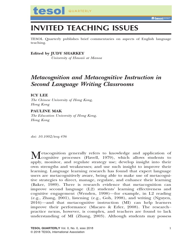 Metacognition And Metacognitive Instruction In Second Language Writing Classrooms Pdf