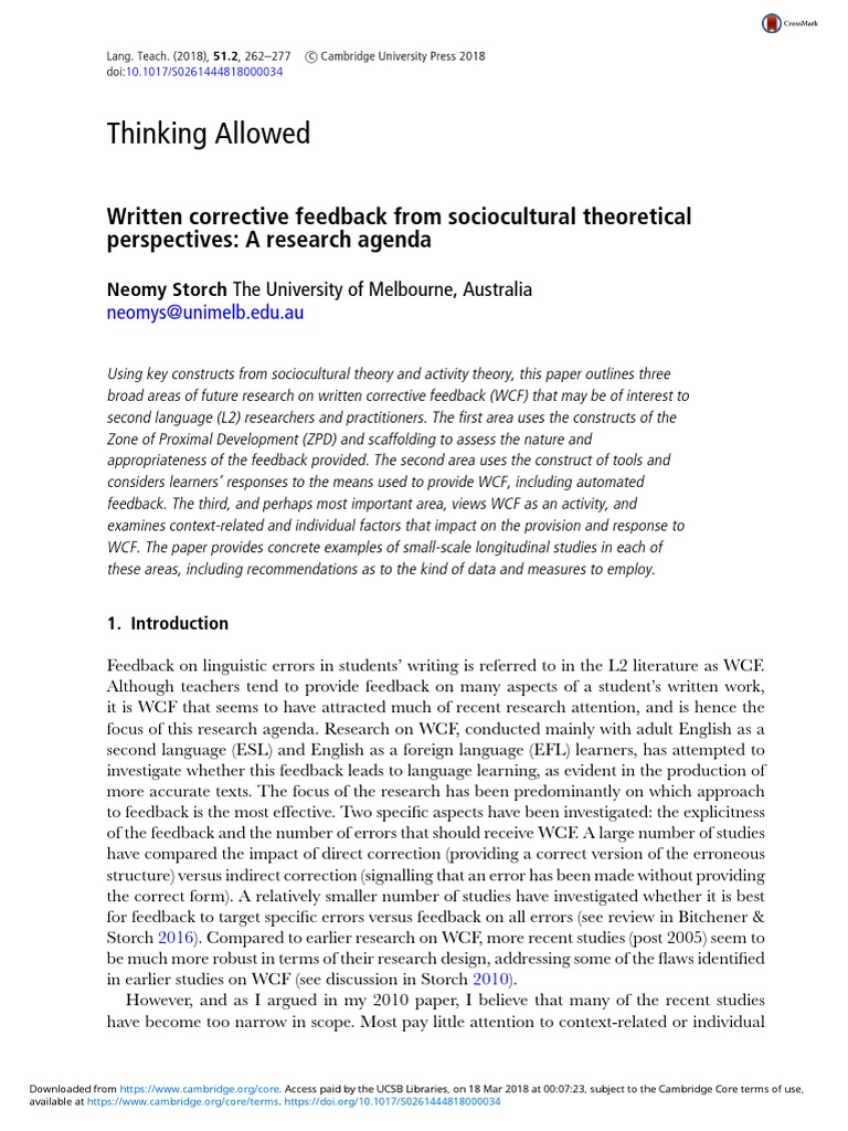 Thinking Allowed: Written Corrective Feedback From Sociocultural ...