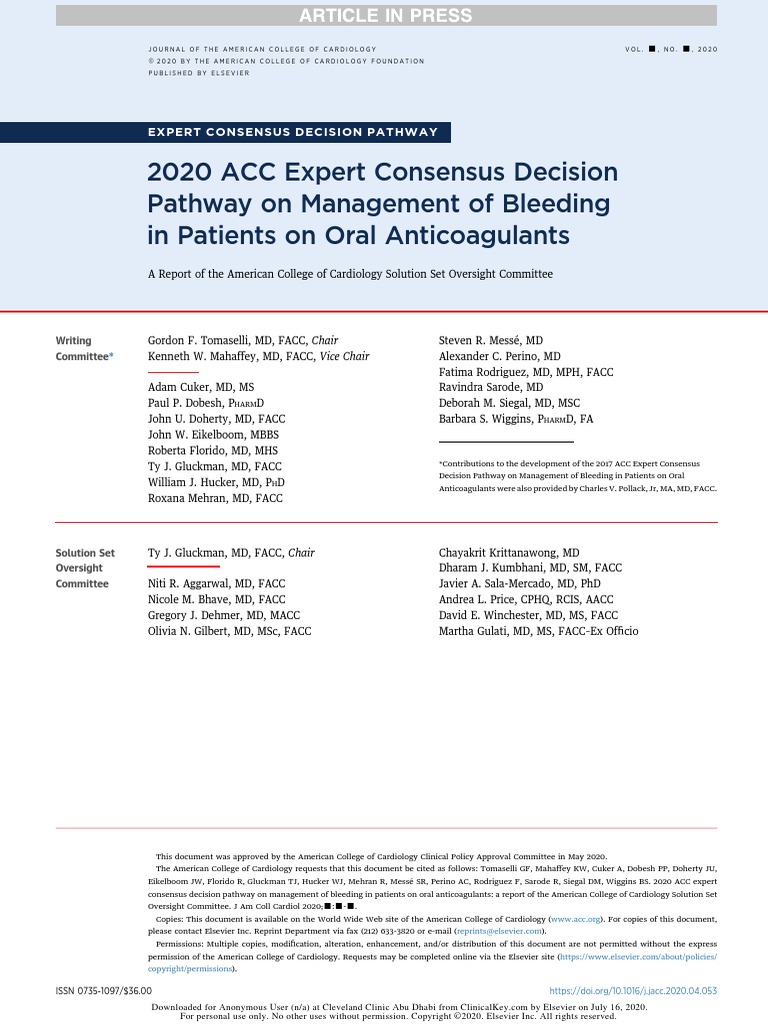 2020 ACC Expert Consensus Decision Pathway On Management of Bleeding in ...