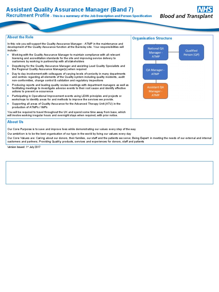 Assistant Quality Assurance Manager (Band 7) : Recruitment Profile ...