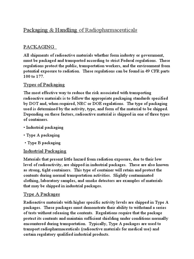 Regulations and Procedures for Safe Packaging, Transportation and ...