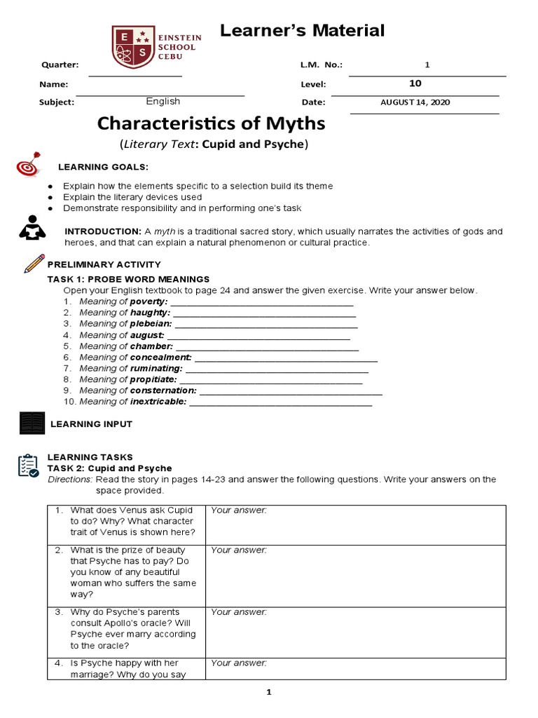 Characteristics of Myths (Cupid and Psyche) | PDF | Cupid | Reading ...