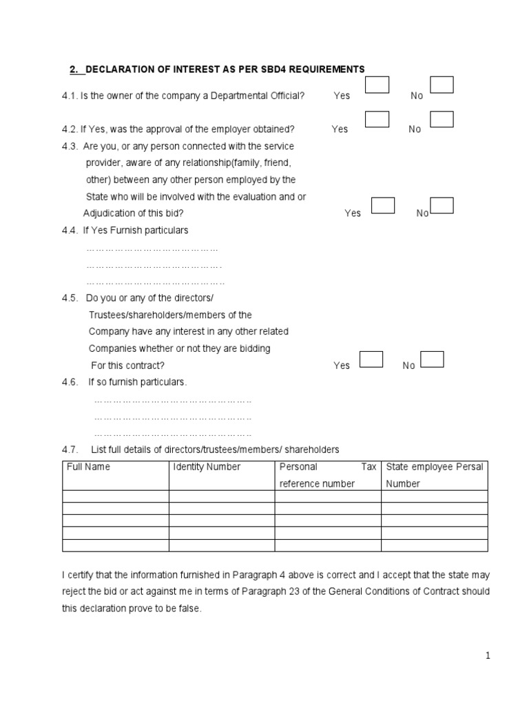 Declaration of Interest As Per Sbd4 Requirements | PDF | Social ...