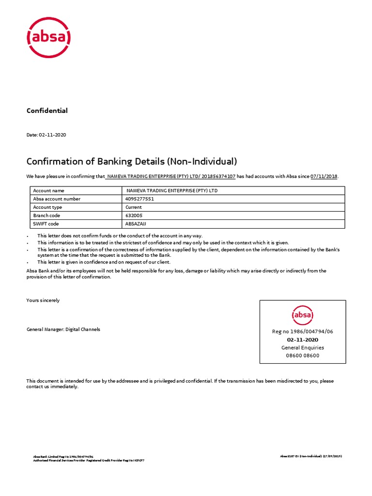 Confirmation of Banking Details (Non-Individual) : Confidential | PDF