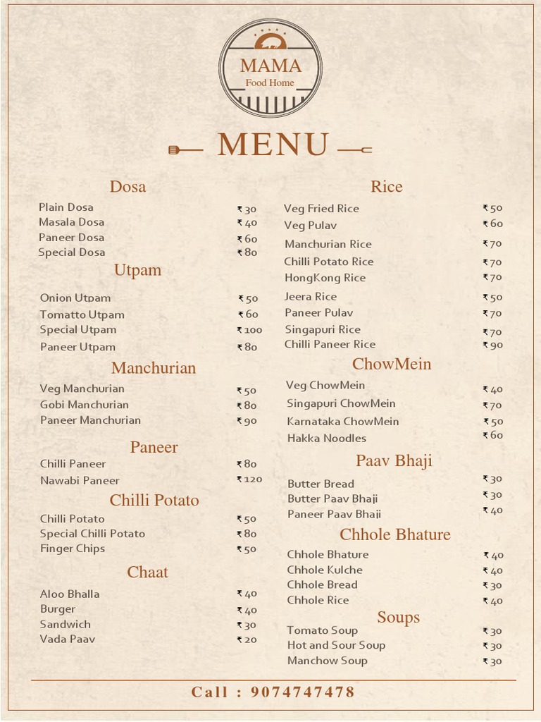 MAMA Food Home Menu - An extensive listing and pricing of Indian snacks ...