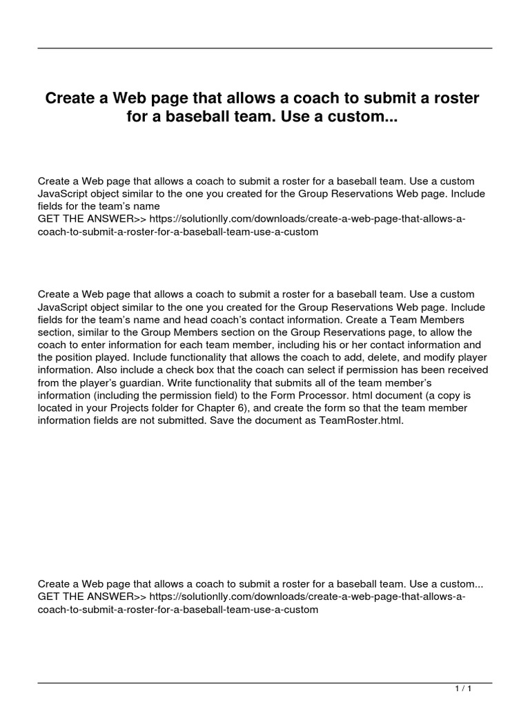 Create A Web Page That Allows A Coach To Submit A Roster For A Baseball ...