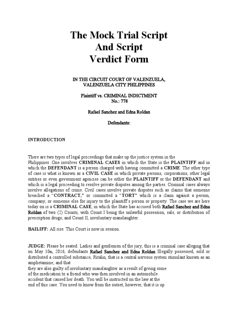 The Mock Trial Script and Script Verdict | PDF | Reasonable Doubt | Verdict