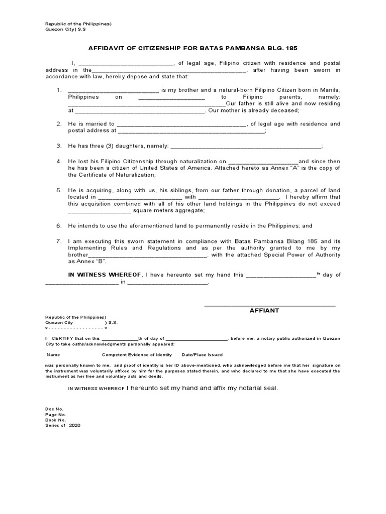 Affidavit of Citizenship For BP Blg. 185 | PDF | Affidavit | Nationality Law