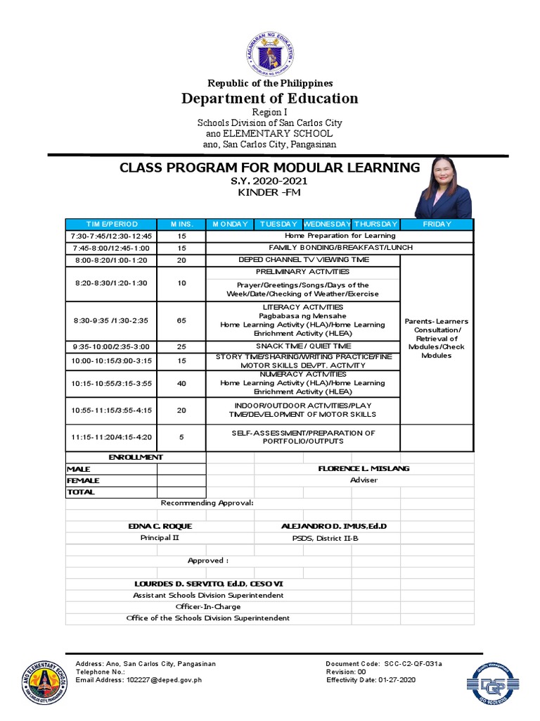 Department of Education: Class Program For Modular Learning | PDF ...