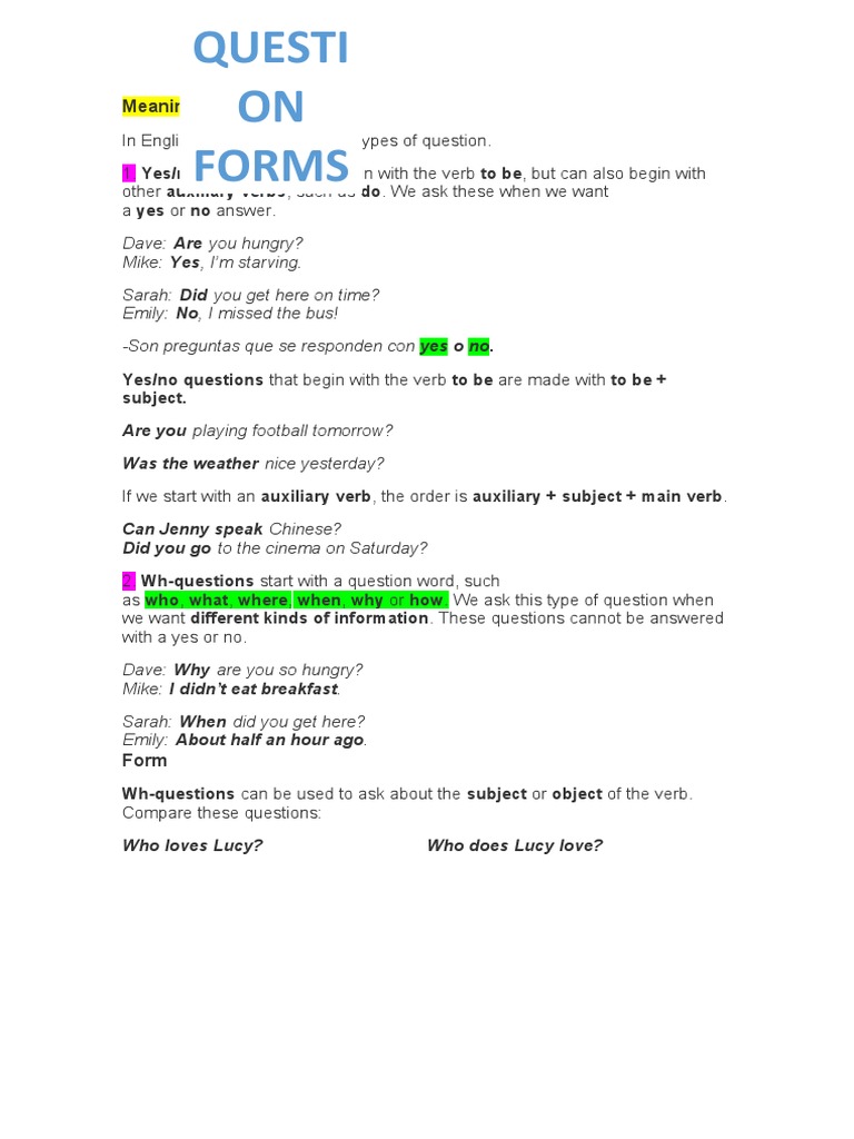 Yes/No and Wh-Questions Explained | PDF | Question | Semantics