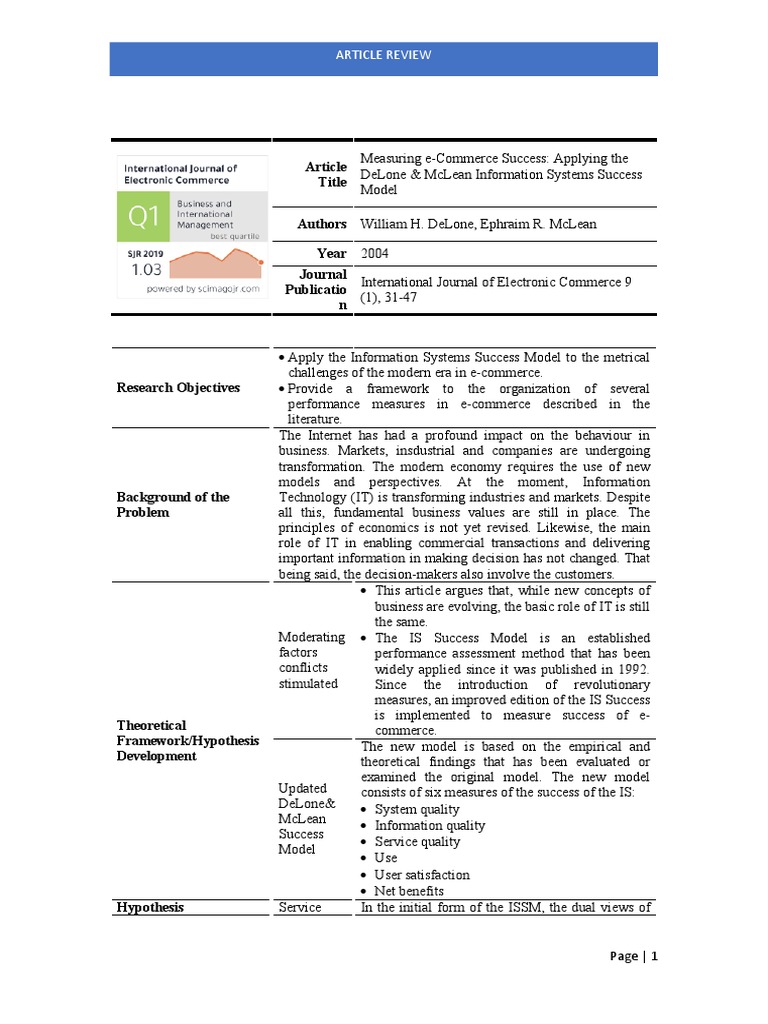 Article Review William H DeLone | PDF | E Commerce | Customer Satisfaction
