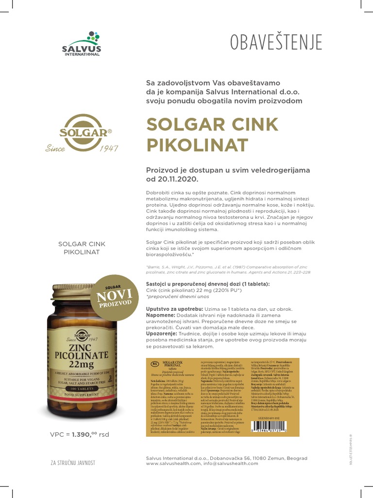 2020 11 12 SOLGAR Cink Pikolinat Obaveštenje RS Strucno | PDF