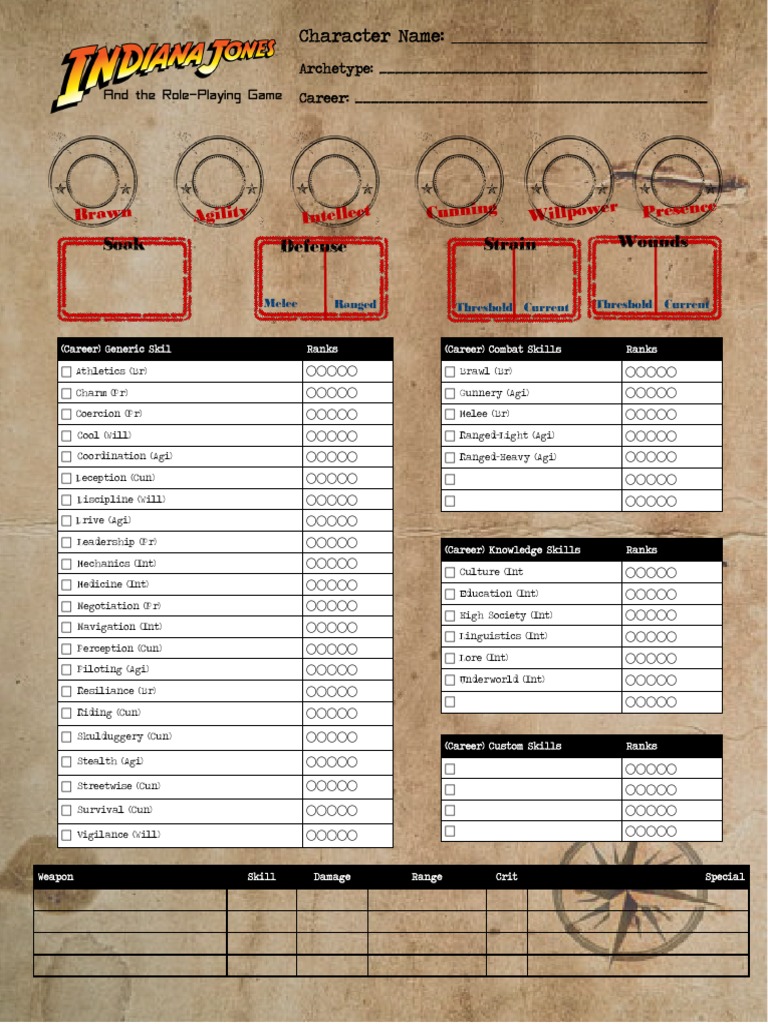 Indiana Jones Character Sheet-Genesys | PDF | Gaming | Role Playing Games