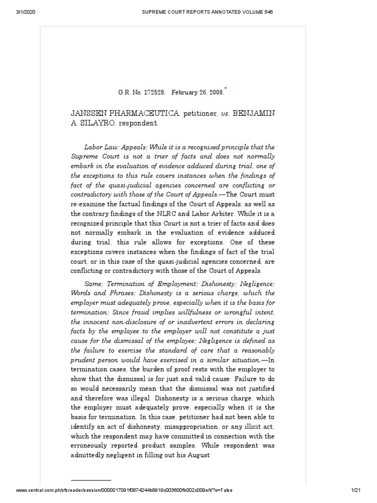 Janssen Pharmaceutica Vs Silayro | PDF | Reasonable Person | Employment