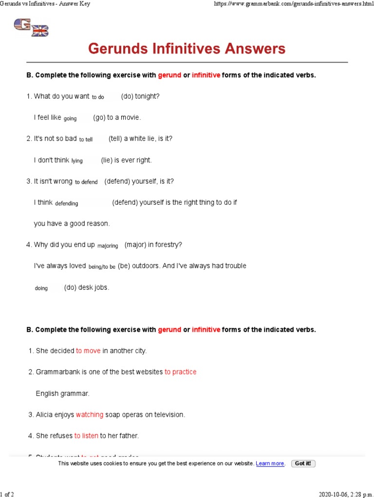 Gerunds Vs Infinitives - Answer Key | PDF