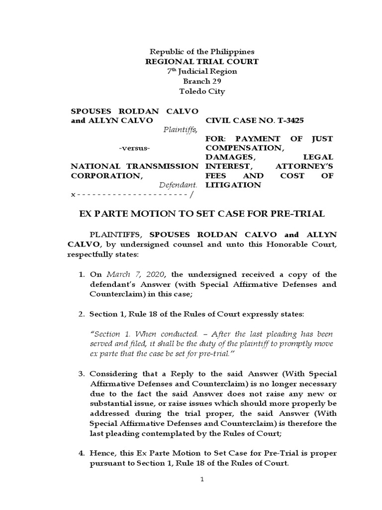 Ex Parte Motion To Set Case For Pre Trial | PDF | Lawsuit | Judiciaries