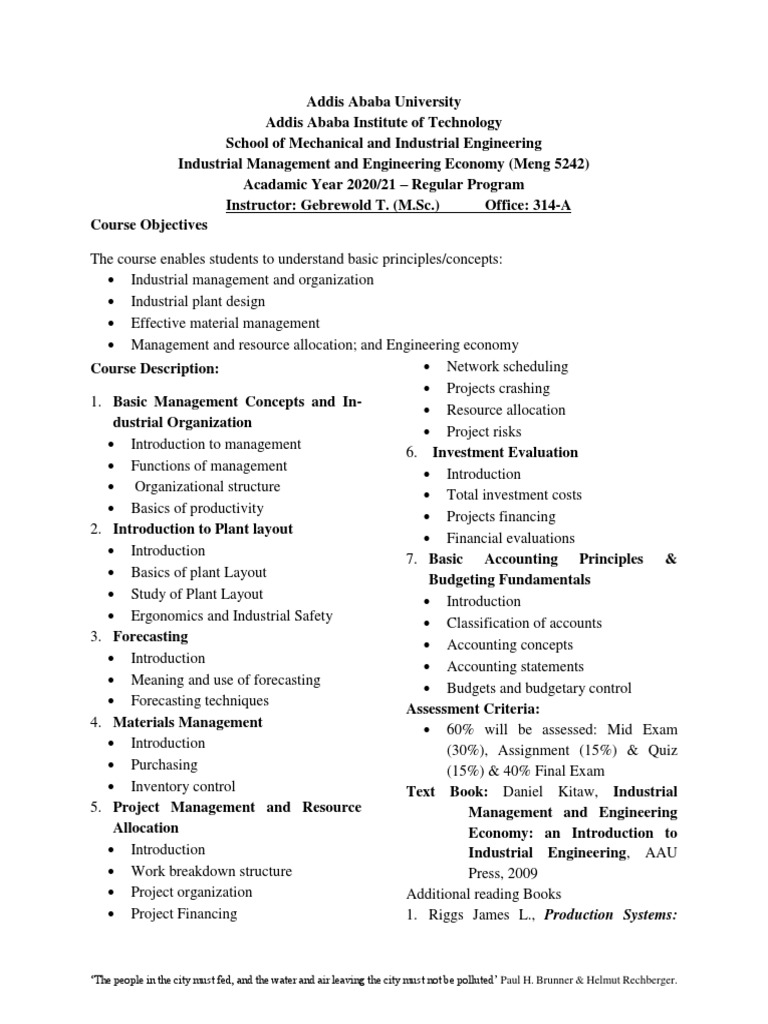 Industrial Management Course Guide | PDF | Industrial Engineering ...