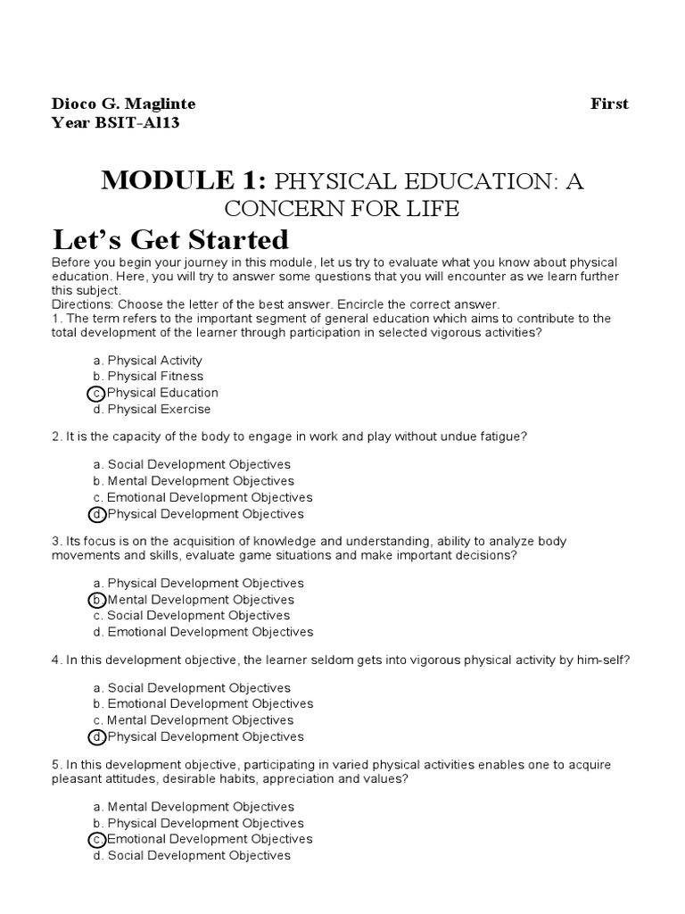 PE 101 Movement Enhancement Module 1 DIOCO MAGLINTE BSIT Al13 | PDF | Physical Education | Learning