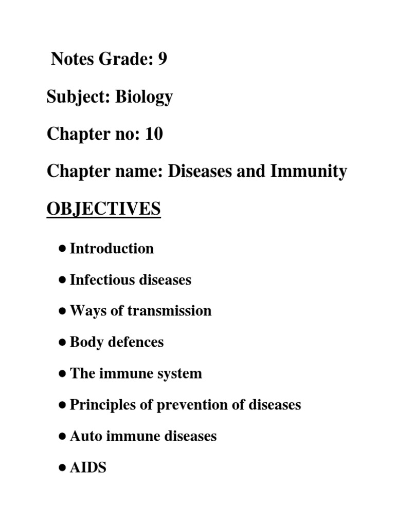 Subject: Biology Chapter No: 10 Chapter Name: Diseases and Immunity ...