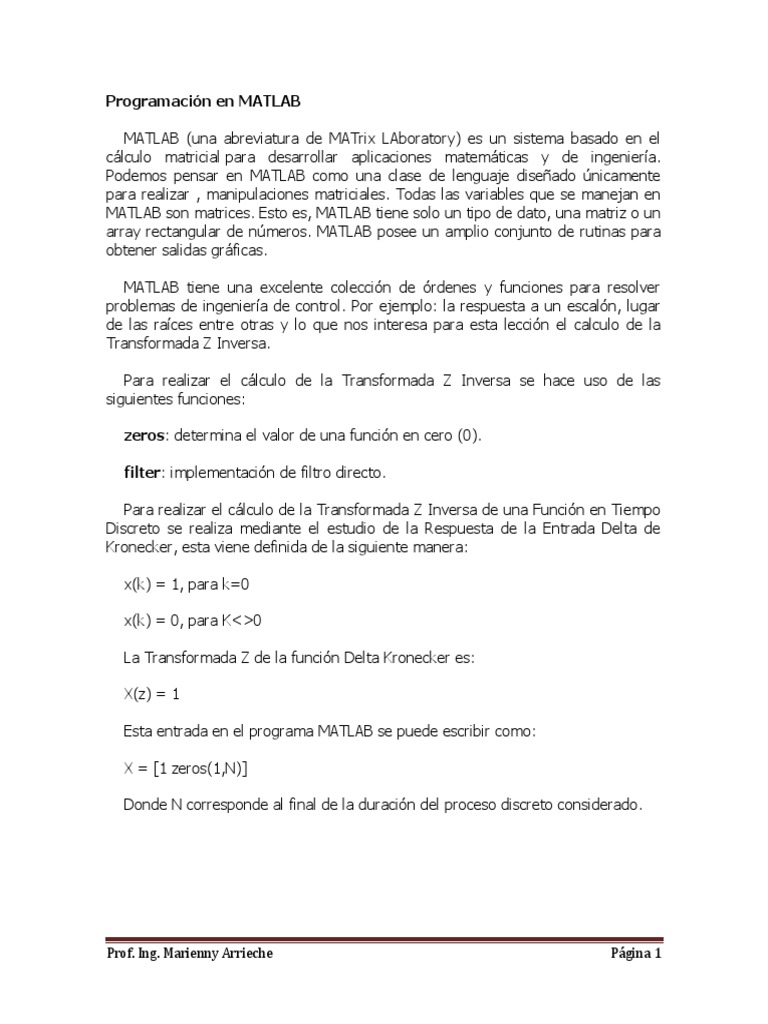 Cálculo de Transformada Z Inversa en MATLAB | PDF | Métodos y ...