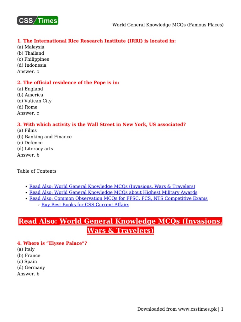 Read Also: World General Knowledge Mcqs (Invasions, Wars & Travelers) | PDF