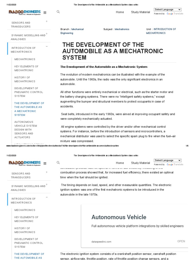 The Development of The Automobile As A Mechatronic System Class Notes ...