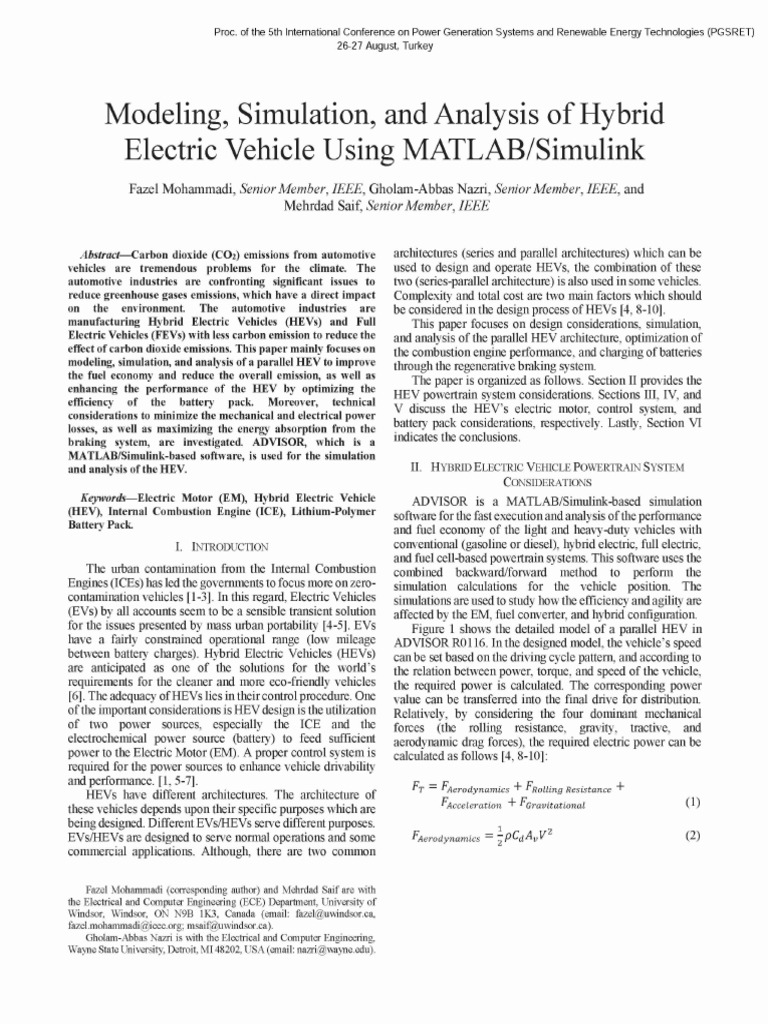 Modeling, Simulation, and Analysis of Hybrid Electric Vehicle Using ...