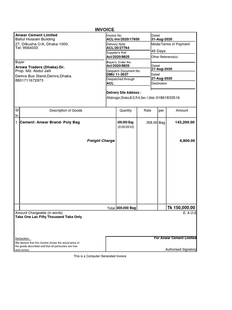 Invoice: Baitul Hossain Building 27, Dilkusha C/A, Dhaka-1000. Tel ...