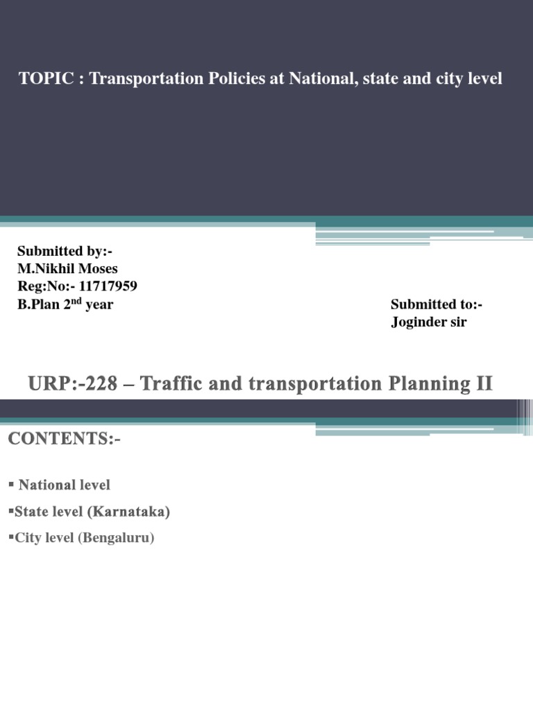 TOPIC: Transportation Policies at National, State and City Level | PDF ...
