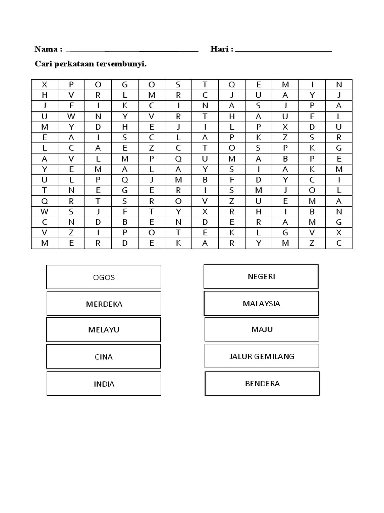 Cari Perkataan Tersembunyi Merdeka 2020