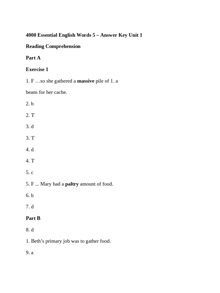 4000 Essential English Words 5 - Answer Key Unit 1 Reading ...