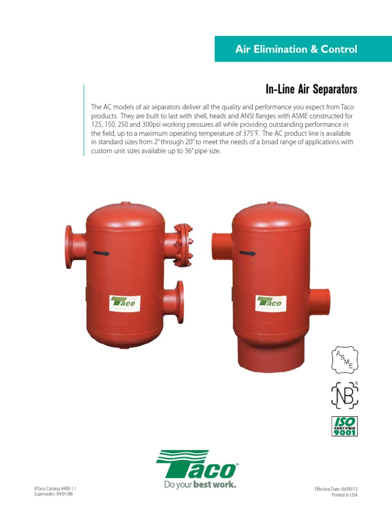 Taco Air Separator - Brochure | PDF | Valve | Pump