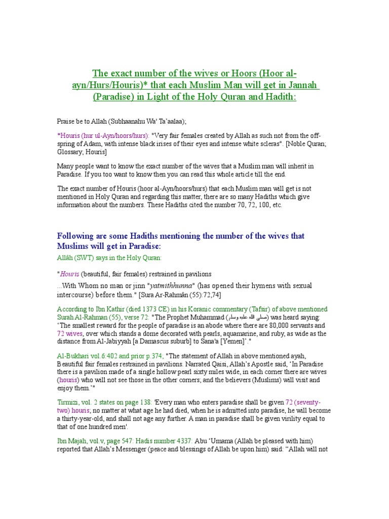 How Many Hoors (Hoor Al-Ayn/houris) Will Be Given To A Muslim Man in ...