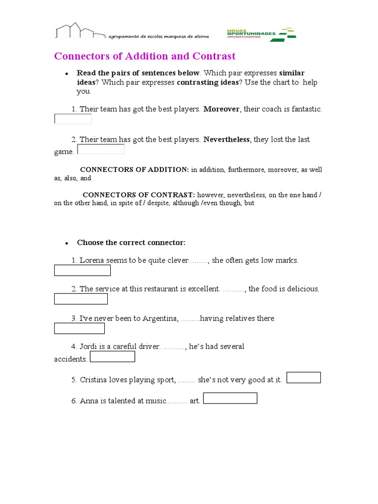 Connectors of Addition and Contrast | PDF