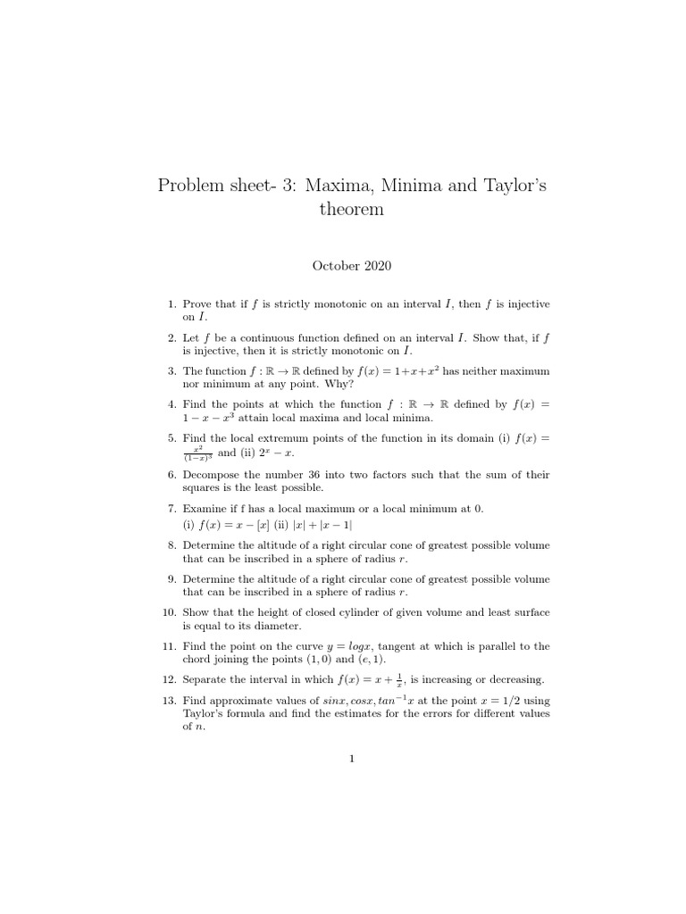 Mat1011 - Problemsheet - 3-Maxima Minima and Taylors Theorem | PDF ...