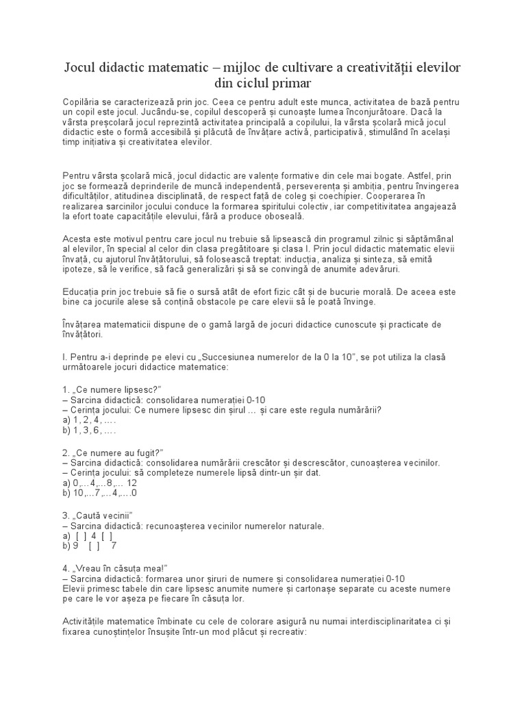 Jocul Didactic Matematic Grad 1 | PDF