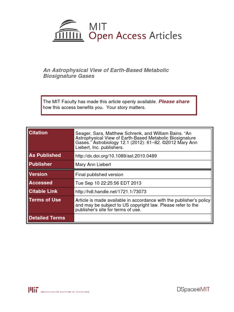 An Astrophysical View of Earth-Based Metabolic Biosignature Gases | PDF ...
