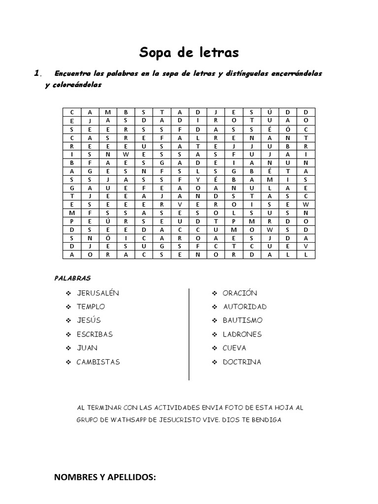 Sopa de Letras: Jesús en el Templo | PDF