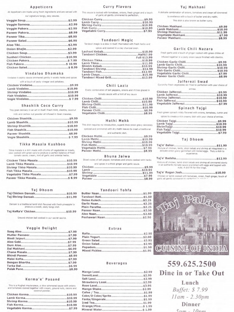 Taj Palace Menu | PDF | Curry | Kebab