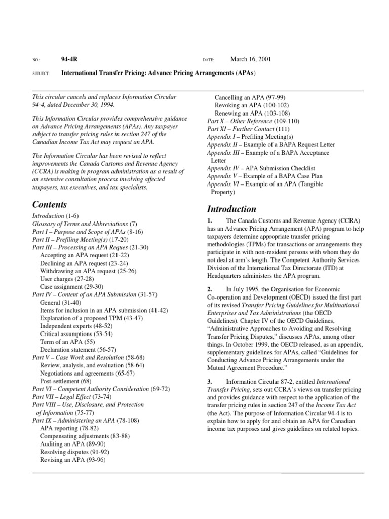 CRA APA Ic94-4r-E | PDF | Tax Treaty | Taxpayer