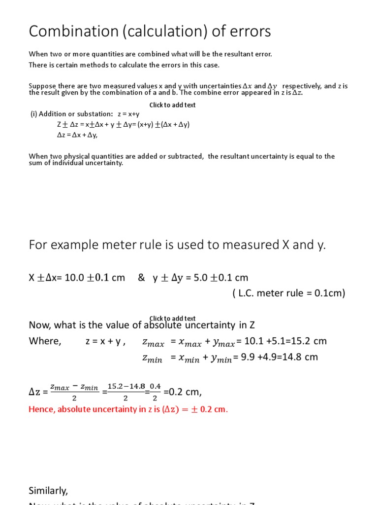 Combination (Calculation) of Errors: Click To Add Text | PDF | Uncertainty | Errors And Residuals