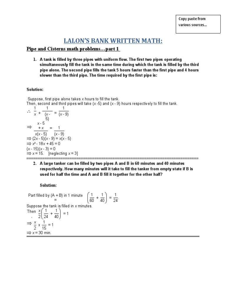Lalon'S Bank Written Math:: Pipe and Cisterns Math Problems Part 1 ...